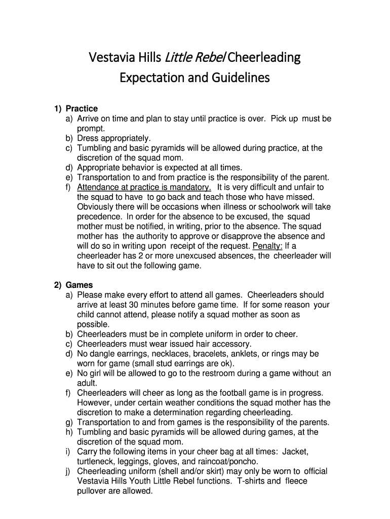 Fillable Online Vestavia Hills Little Rebel Cheerleading Expectation ...