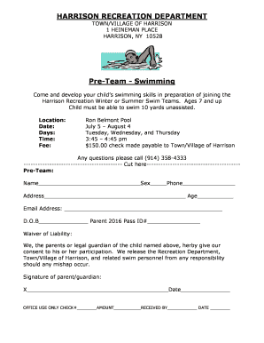 Fillable Online Pre-Team - Swimming Fax Email Print - pdfFiller