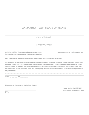 Fillable Online CALIFORNIA CERTIFICATE OF RESALE (Name of Purchaser ...