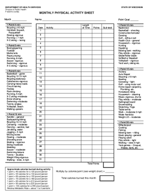 Fillable Online dhs wisconsin Monthly Physical Activity Sheet. Calories burned during physical ...
