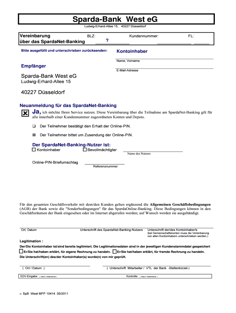 Fillable Online sparda-west Vereinbarung ber das SpardaNet-Banking. Vereinbarung ber das ...