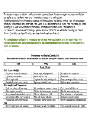 Fillable Online For a complimentary evaluation of your dosha, you can ...