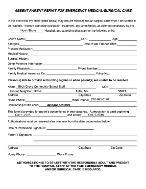 ABSENT PARENT PERMIT FOR EMERGENCY MEDICAL/SURGICAL CARE - Fill and ...