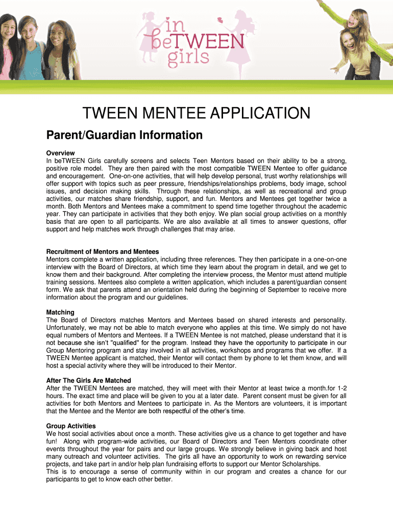 Fillable Online inbetweengirls TWEEN MENTEE APPLICATION - In Between Girls Fax Email Print ...