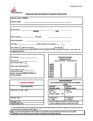 Fillable Online dauphine-savoie-hand FORMULAIRE POUR UNE DEMANDE DE TRANSFERT INTERNATIONAL Fax ...