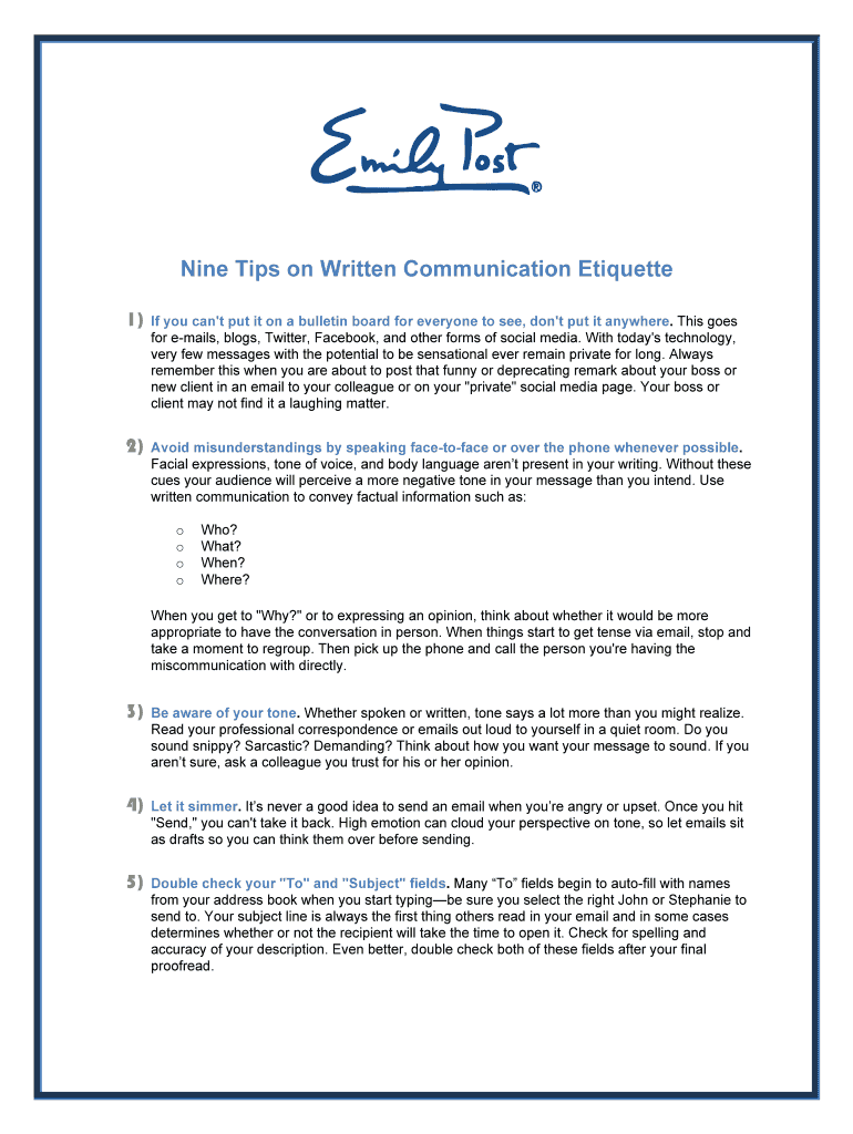 Fillable Online Nine Tips on Written Communication Etiquette Fax Email ...