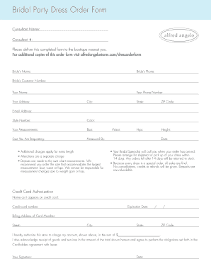 Fillable Online Bridal Party Dress Order Form - alfredangelo.com Fax ...