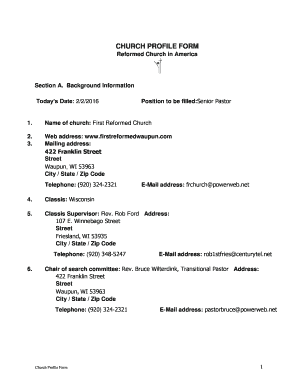 Fillable Online Church Profile Form - First Reformed Church Fax Email ...