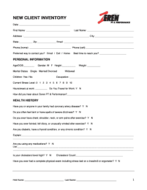 Fillable Online NEW CLIENT INVENTORY - ZEREN PT & Performance Fax Email ...