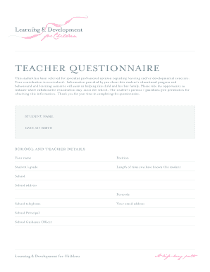 Fillable Online TEACHER QUESTIONNAIRE - ladfc.com.au Fax Email Print ...