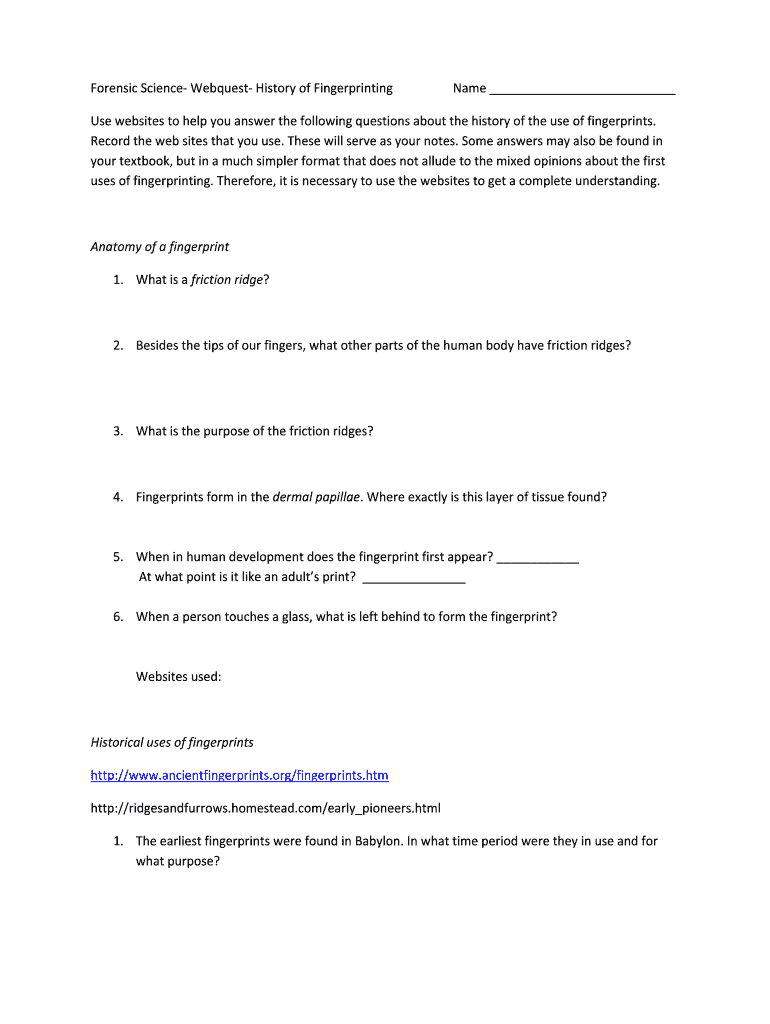 Fillable Online Forensic Science r Webquest r History of Fingerprinting ...