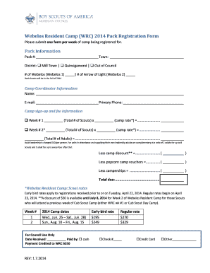 Fillable Online graftonpack106 Webelos Resident Camp (WRC) 2014 Pack ...
