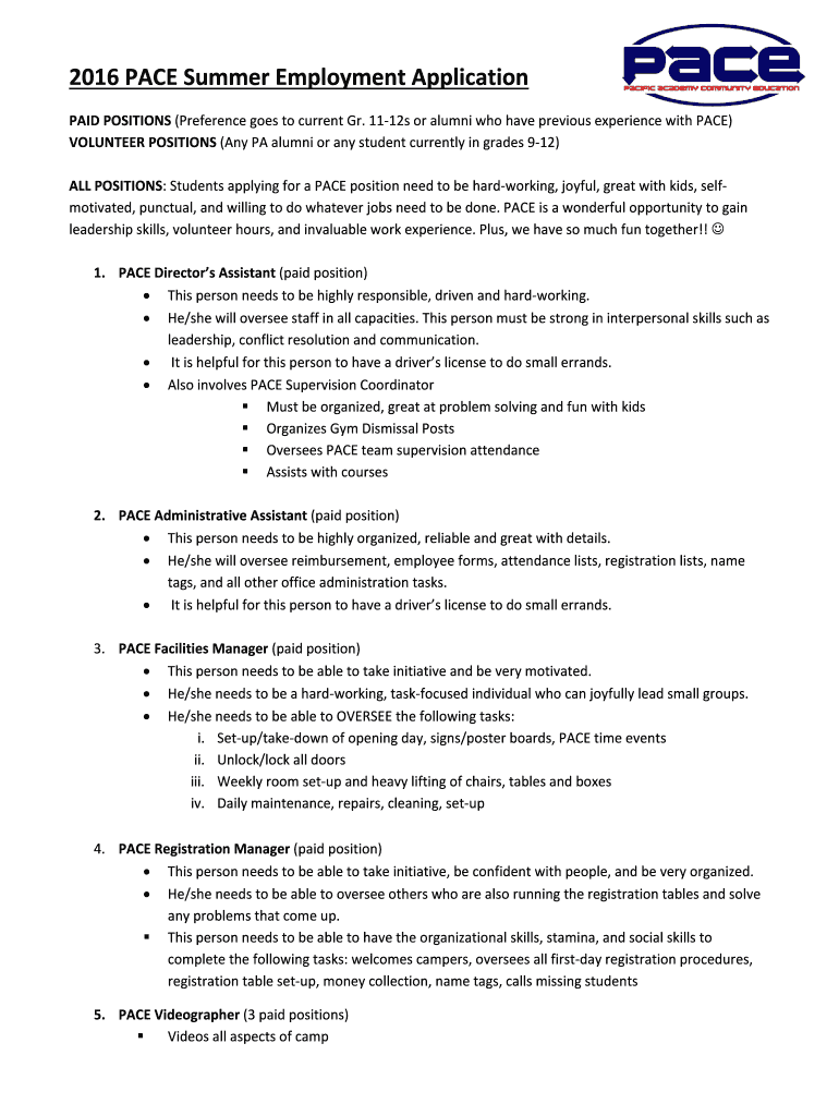 Fillable Online paceprograms 2016 PACE Summer Employment Application Fax Email Print - pdfFiller