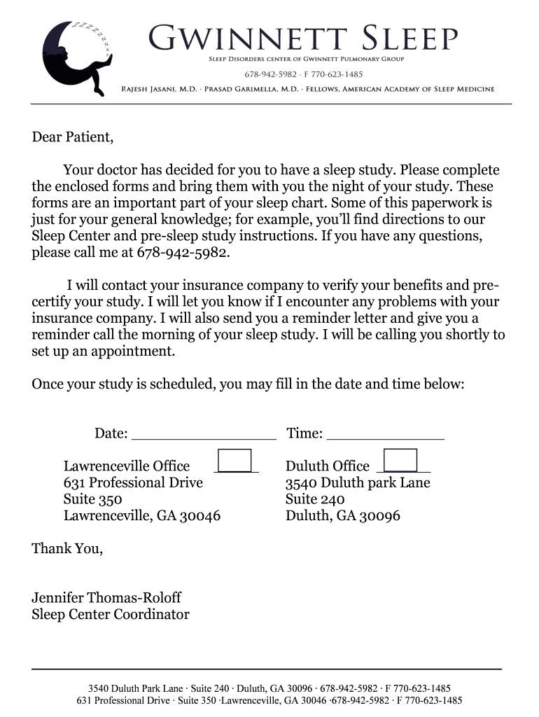 Fillable Online Dear Patient, Your doctor has decided for you to have a sleep study Fax Email ...