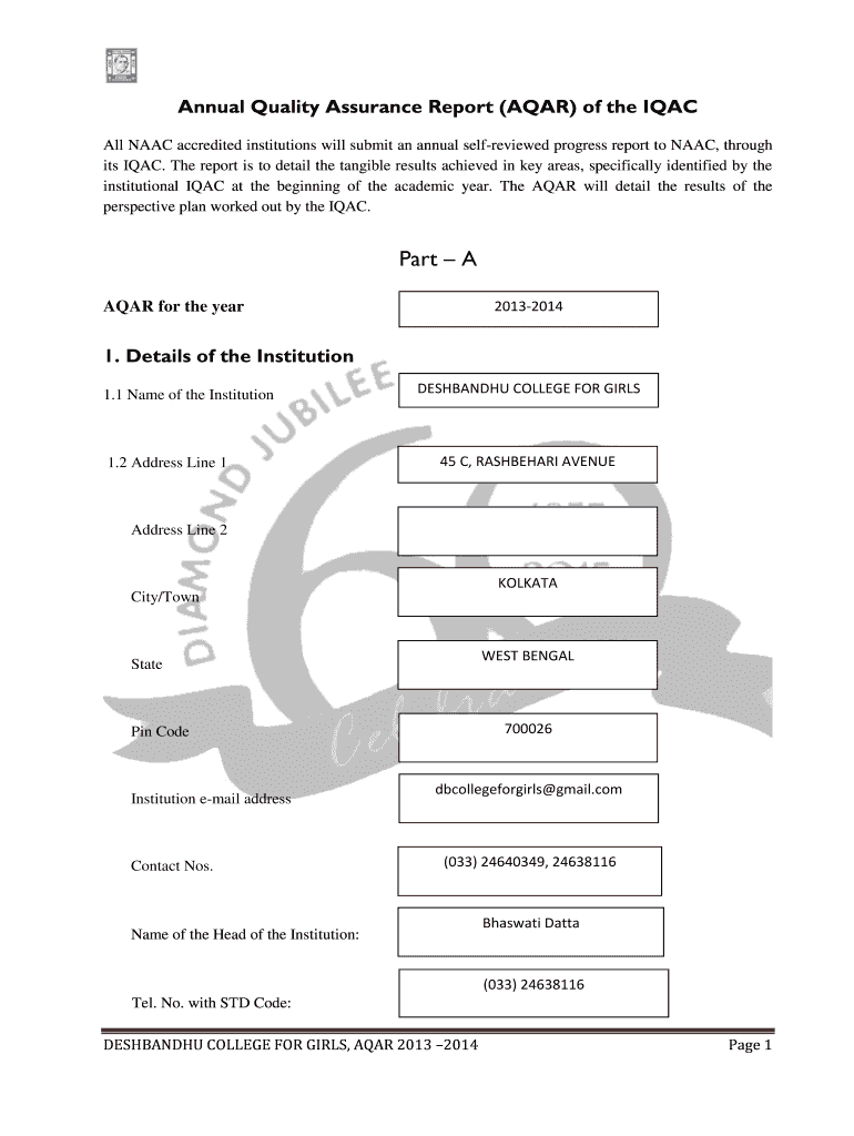 Fillable Online deshbandhucollegeforgirls Part A 20132014 AQAR for the year 1 Fax Email Print ...