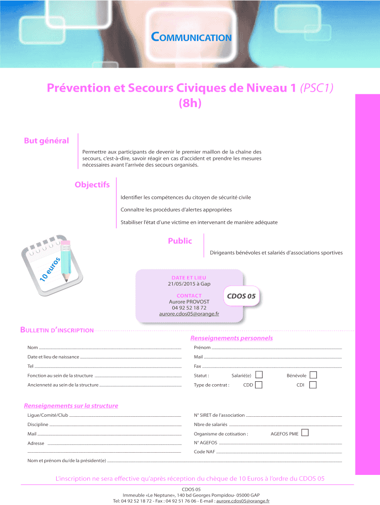 Fillable Online Prvention et Secours Civiques de Niveau 1 (PSC1) (8h) Fax Email Print - pdfFiller
