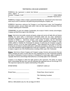 Fillable Online TESTIMONIAL RELEASE AGREEMENT Fax Email Print - pdfFiller