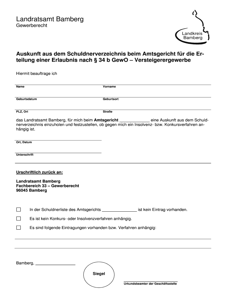 Fillable Online landkreis-bamberg Auskunft aus dem Schuldnerverzeichnis beim Amtsgericht fr die ...