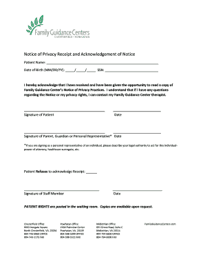 Fillable Online Notice of Privacy Receipt and Acknowledgement of Notice ...