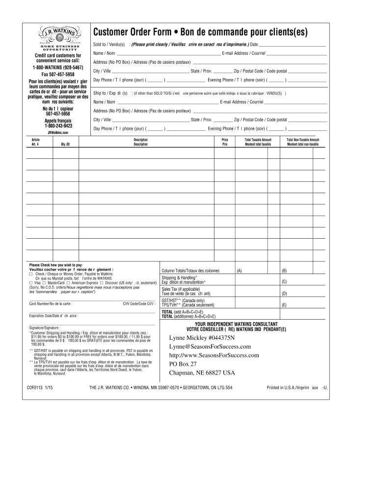 Fillable Online J . R . W ATKINS Customer Order Form Bon de commande ...
