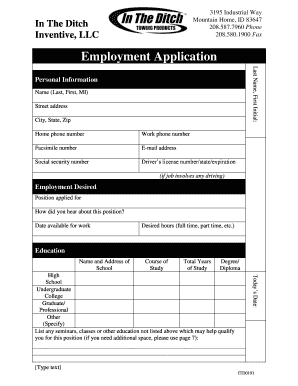 Fillable Online Employment Application - In The Ditch Towing Products ...