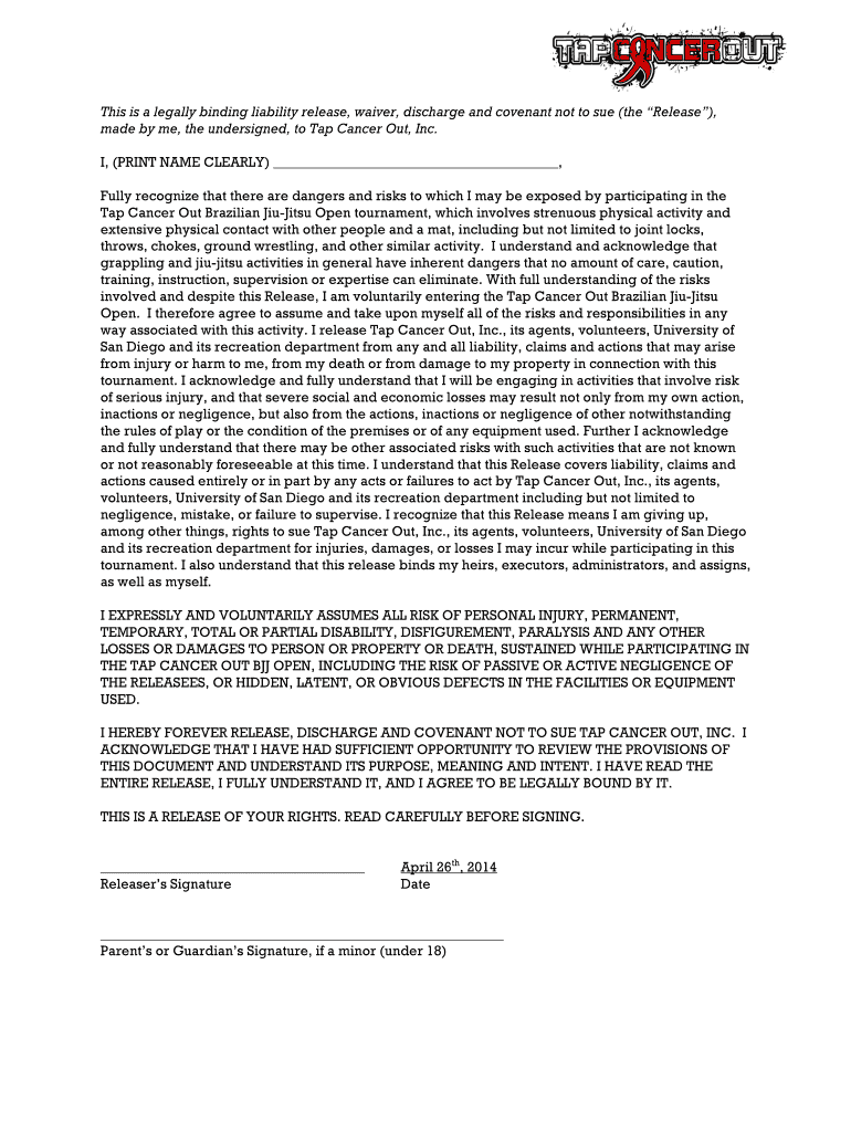 Fillable Online tapcancerout This is a legally binding liability ...