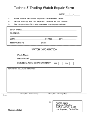 Fillable Online Techno 5 Trading Watch Repair Form Fax Email Print ...