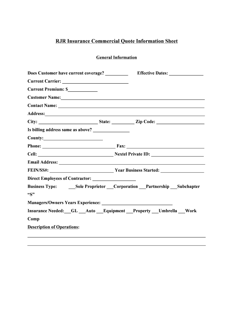 Fillable Online RJR Insurance Agency Commercial Quote Sheet Fax Email ...