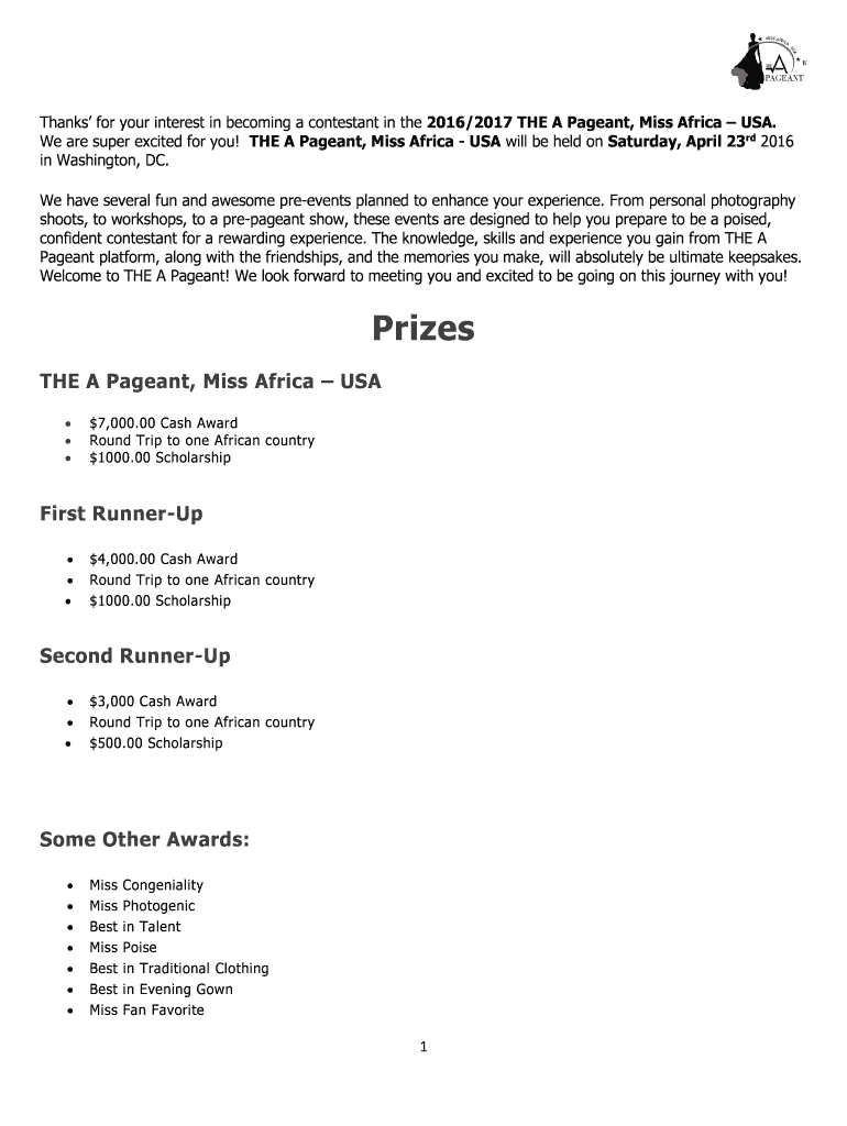 Fillable Online Prizes - The A Pageant Fax Email Print - pdfFiller