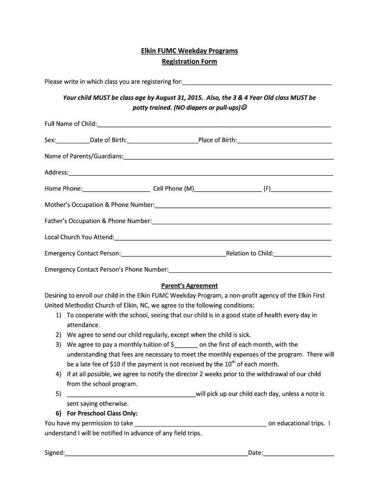 Fillable Online elkinfumc Elkin FUMC Weekday Programs Registration Form ...