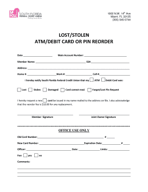 Fillable Online LOST/STOLEN ATM/DEBIT CARD OR PIN REORDER Fax Email ...