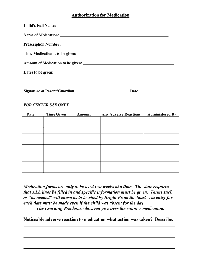 Fillable Online Authorization for Medication - thelearningtreehouse.net ...
