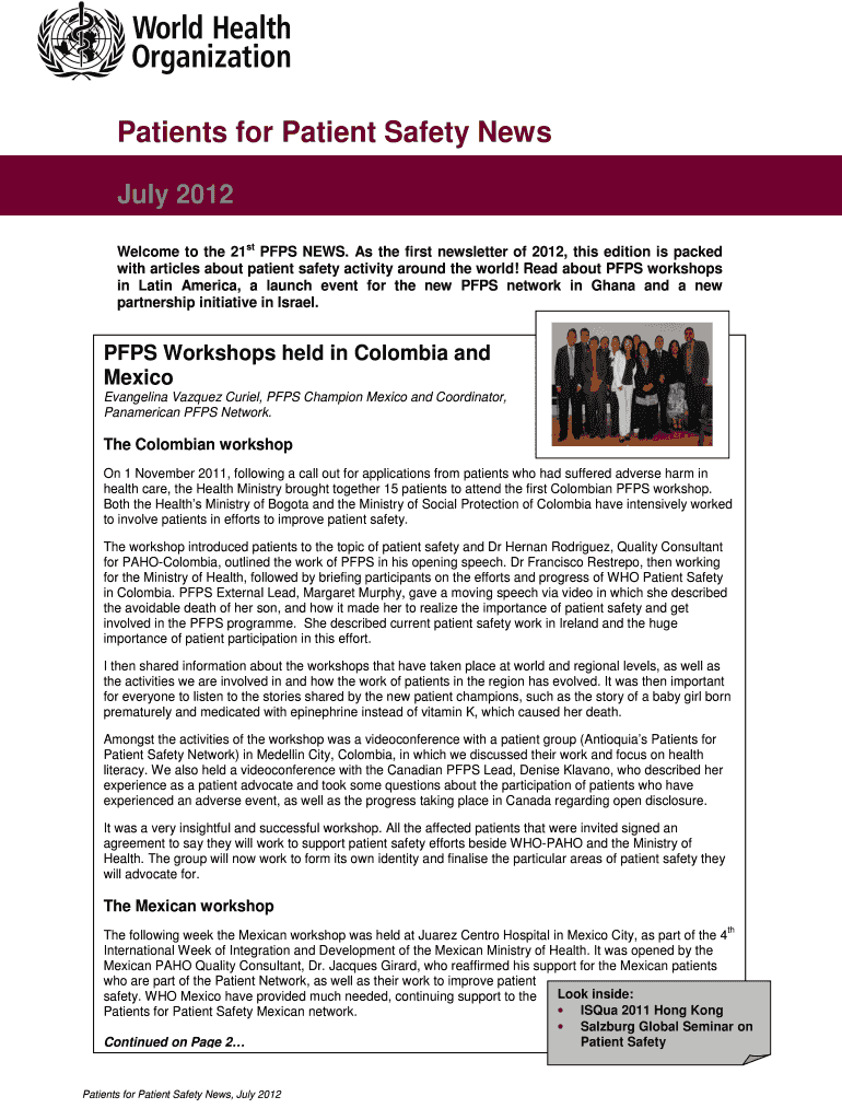Fillable Online Patients for Patient Safety News Fax Email Print ...