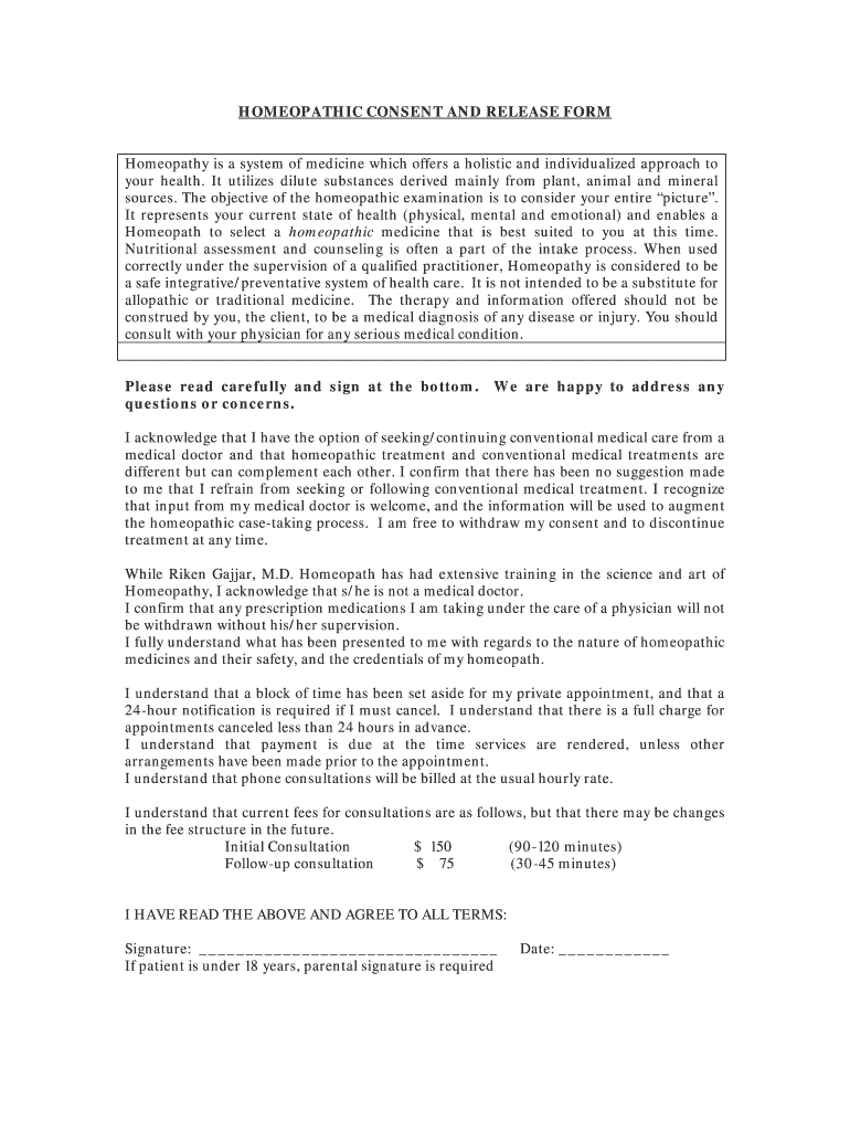 Fillable Online HOMEOPATHIC CONSENT AND RELEASE FORM Fax Email Print ...
