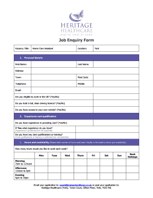Fillable Online heritagehealthcare co Job Enquiry Form - Heritage ...