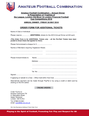 Fillable Online afc-dinner co ORDER FORM FOR ADDITIONAL TICKETS - AFC ...