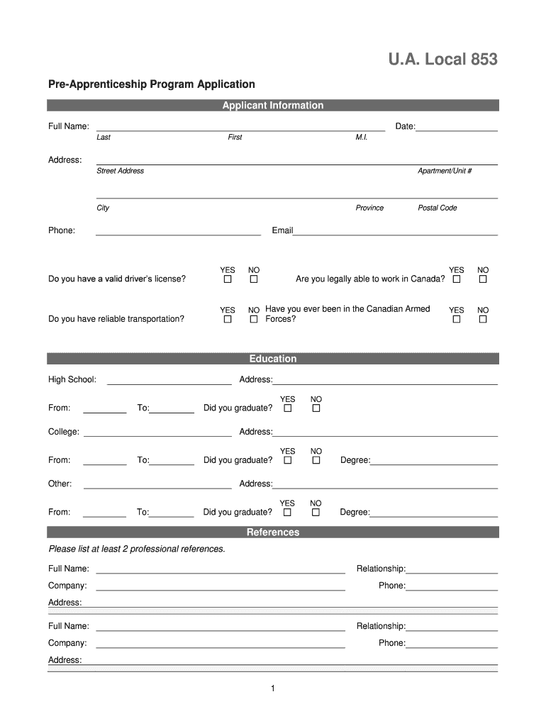 Fillable Online ualocal853 Pre-Apprenticeship Program Application Fax Email Print - pdfFiller