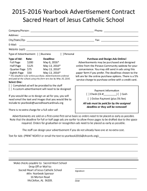 Fillable Online 2015-2016 Yearbook Advertisement Contract Sacred Heart ...