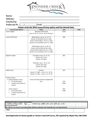 Fillable Online 2016 LessonRegistration form Fax Email Print - pdfFiller