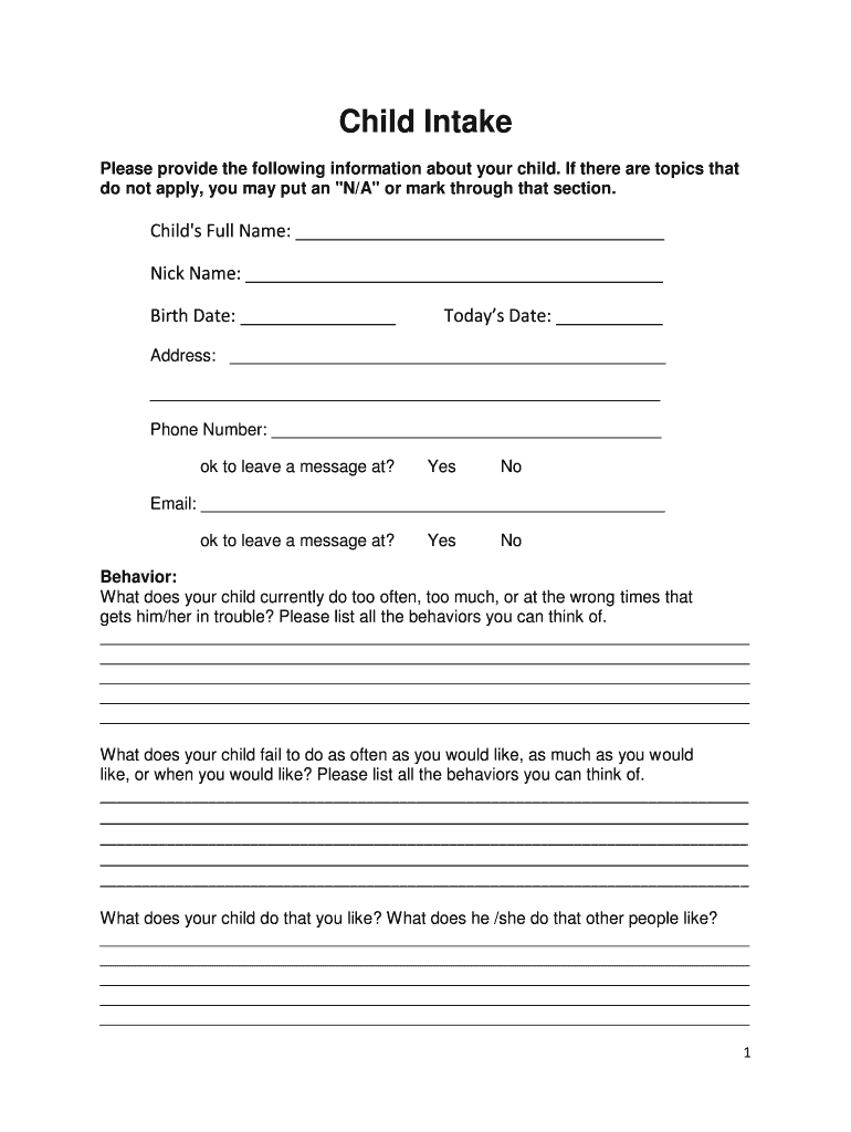 Fillable Online Child Intake - austinsandtray.com Fax Email Print ...
