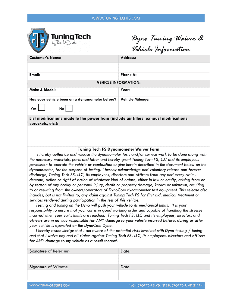 Fillable Online Dyno Tuning Waiver & Vehicle Information Fax Email ...