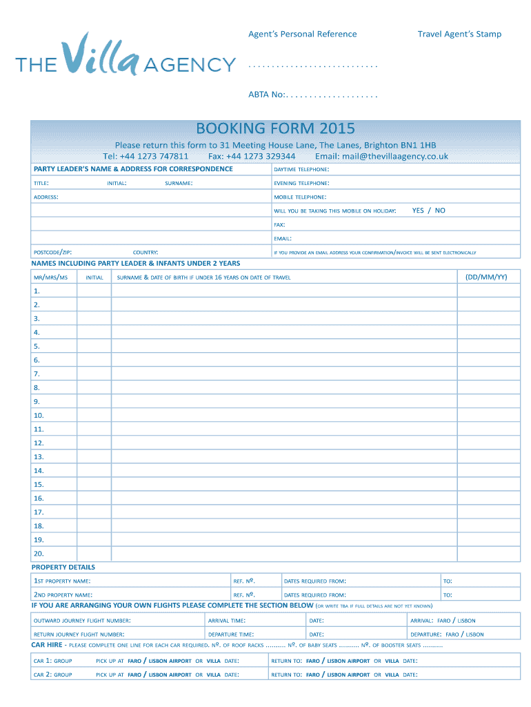 Fillable Online Booking form 2015 - thevillaagency.co.uk Fax Email Print - pdfFiller