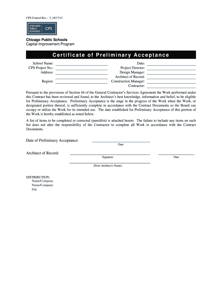 Fillable Online Certificate of Preliminary Acceptance - Zendesk Fax ...
