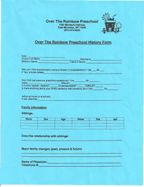 Fillable Online Over The Rainbow Preschool History Form Fax Email Print ...