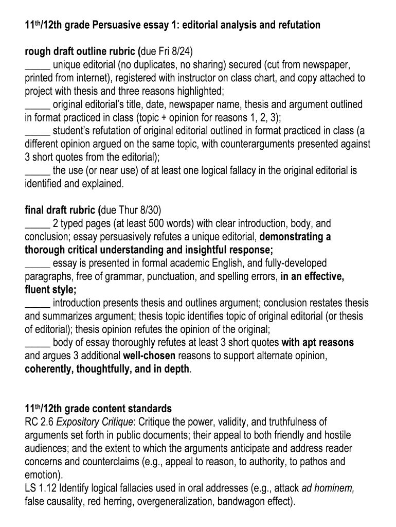 Fillable Online snorko 11 rough draft outline rubric (due Fri 8/24 ...