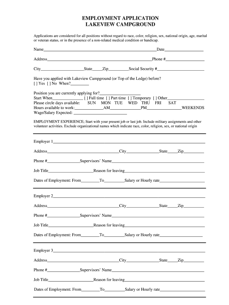 Fillable Online EMPLOYMENT APPLICATION LAKEVIEW CAMPGROUND Fax Email ...