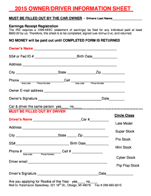 Fillable Online 2015 OWNER/DRIVER INFORMATION SHEET - Kalamazoo ...