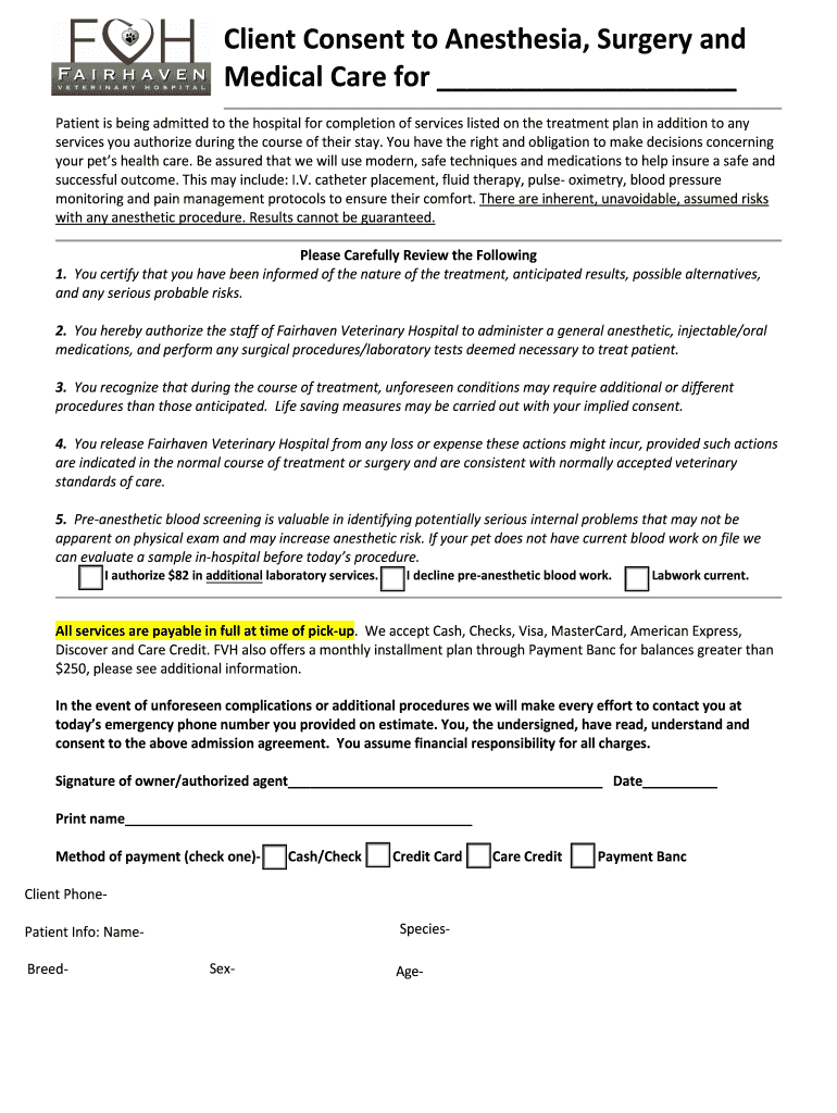 Fillable Online Client Consent to Anesthesia, Surgery and Medical Care ...