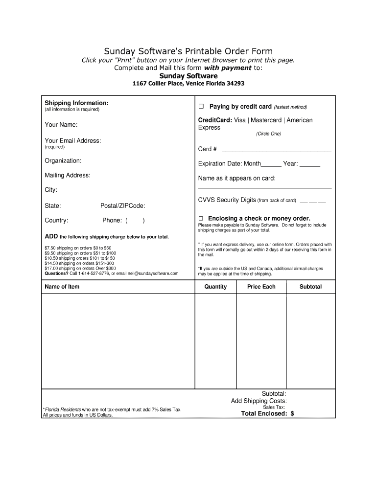 Fillable Online Sunday Software's Printable Order Form Fax Email Print ...
