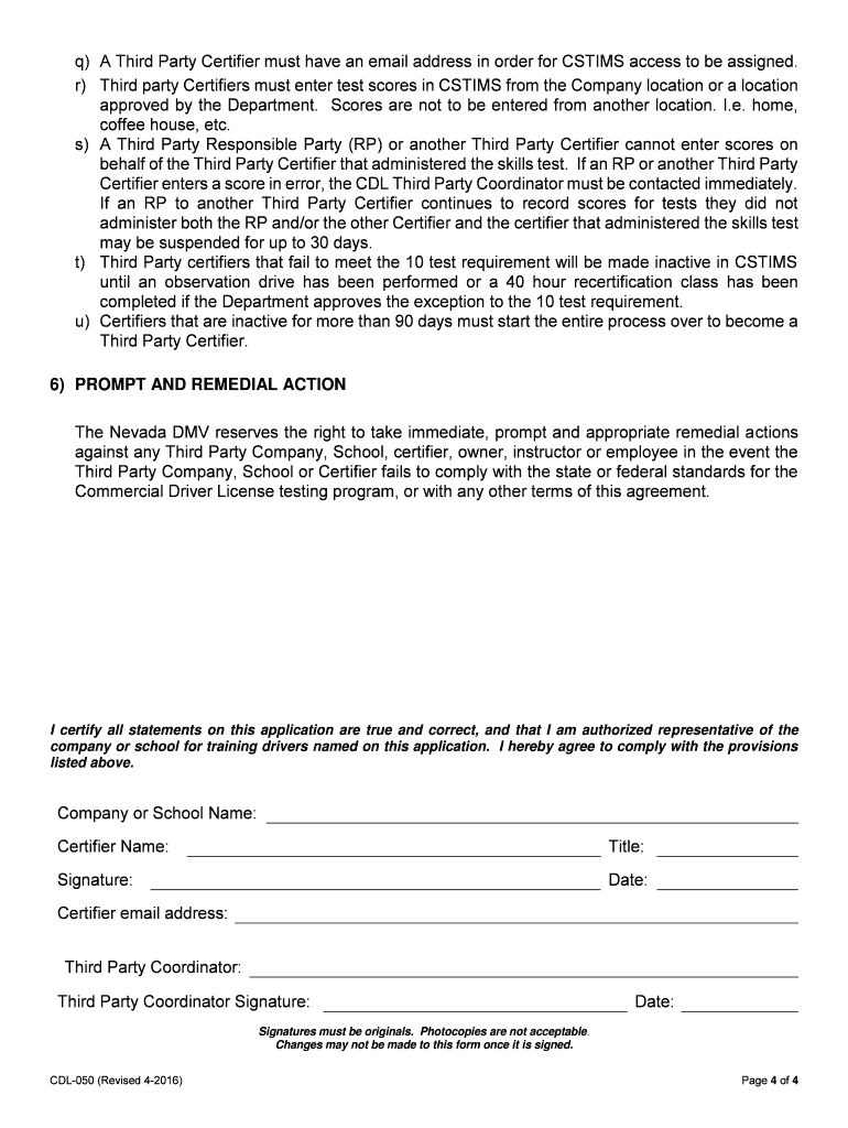 Fillable Online dmv nv CDL-050 Third Party Certifier Agreement Fax ...